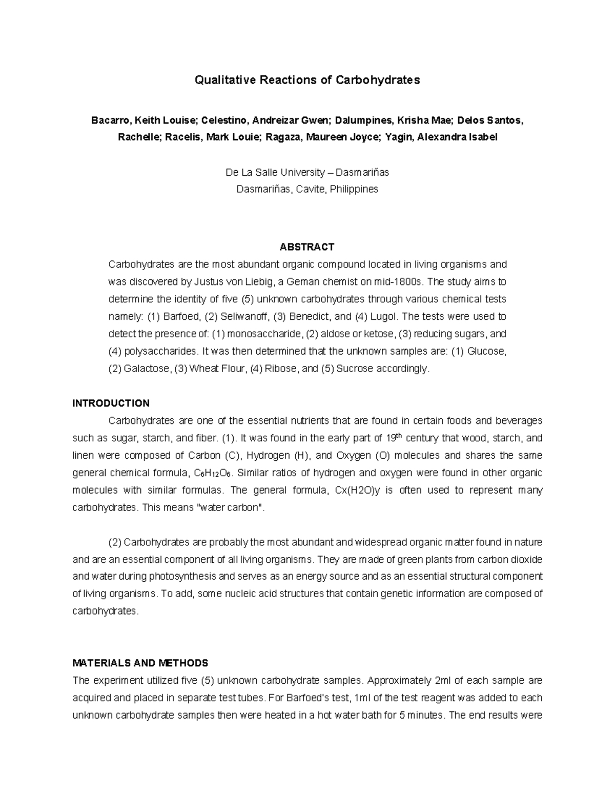 Qualitative Reactions of Carohydrates - Qualitative Reactions of ...