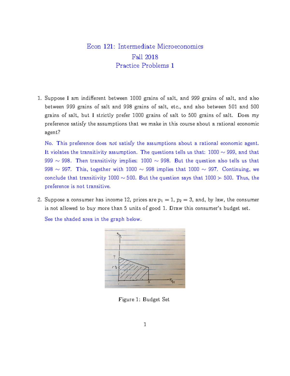 Practice Problems 1Answers - Econ 121: Intermediate Microeconomics Fall 2018 Practice Problems 1 ...