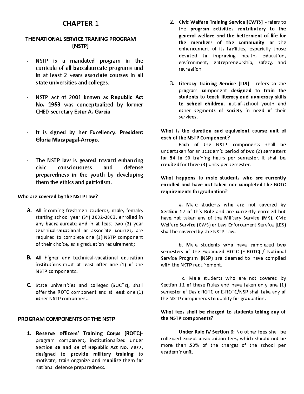 Chapter 1 6 Summarized Lessons 2 - CHAPTER 1 THE NATIONAL SERVICE ...