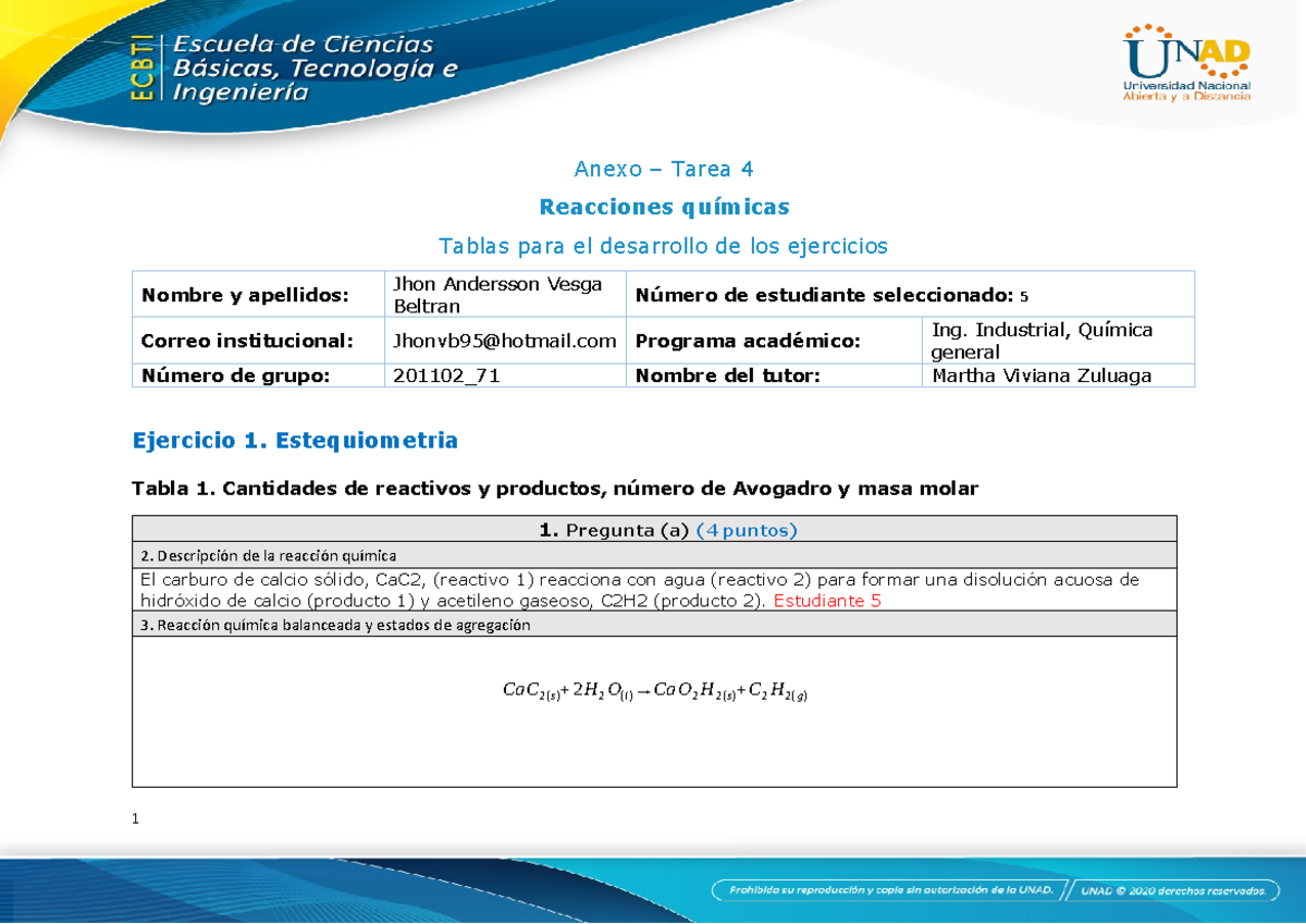 Tarea 4 2011 02 71 - Anexo – Tarea 4 Reacciones químicas Tablas para el desarrollo de los ...