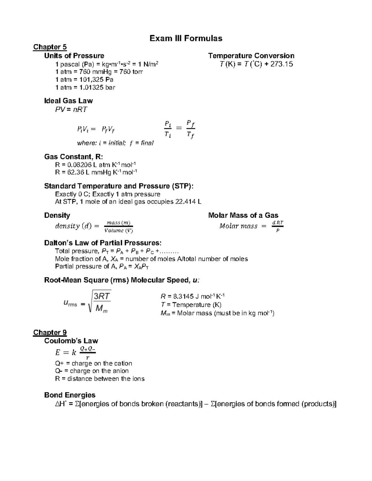 Exam III Formulas FALL 2021 (Chap 9 10 5) - Exam III Formulas Chapter 5 ...