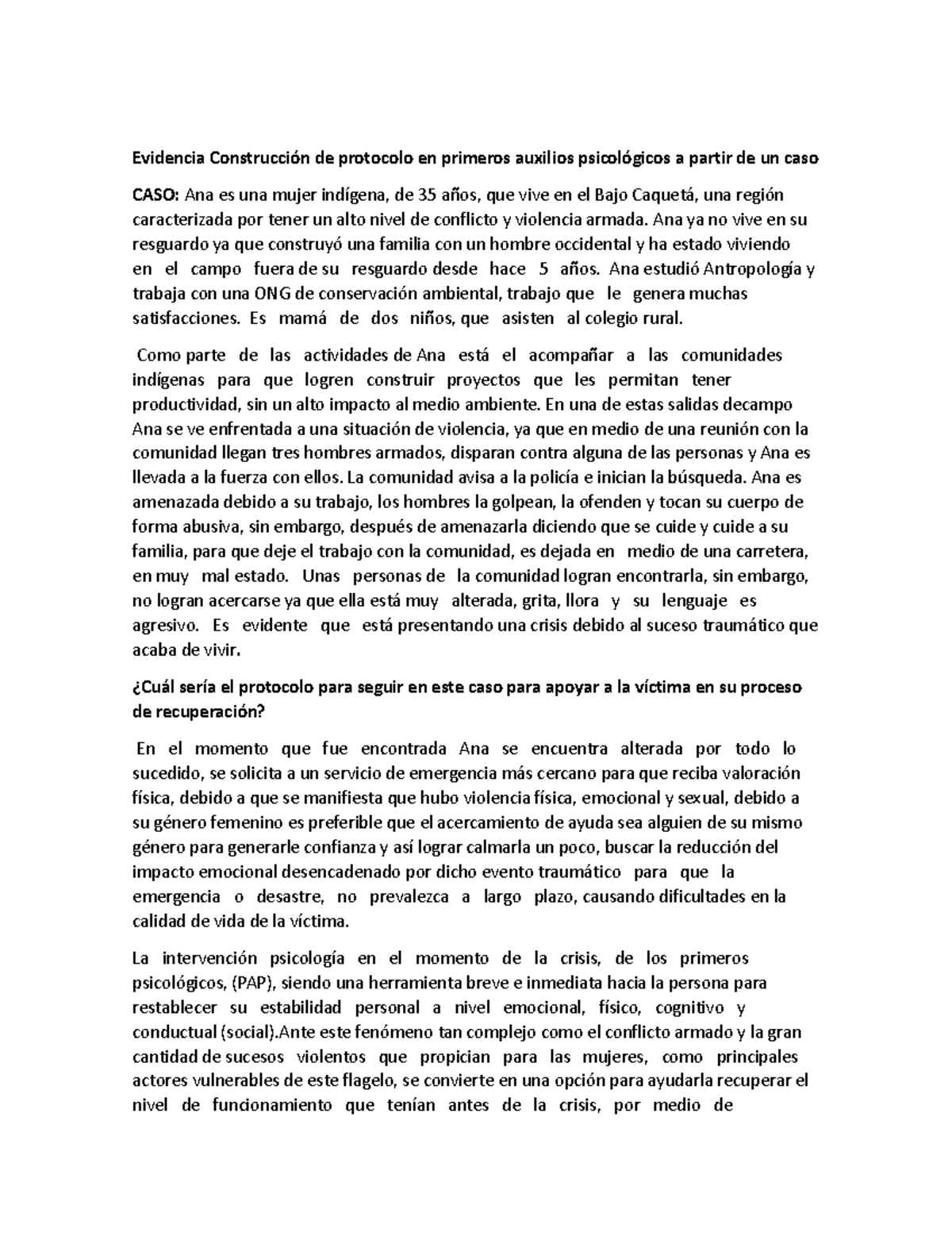 Evidencia Construcción de protocolo en primeros auxilios psicológicos a ...