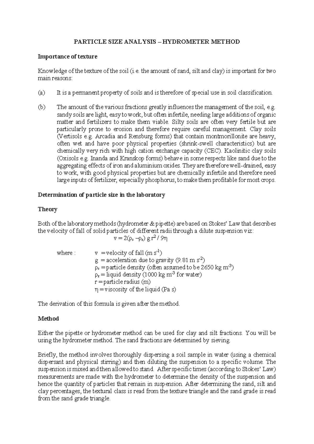 Particle SIZE Analysis - Hydrometer Method soil science - PARTICLE SIZE ANALYSIS – HYDROMETER ...