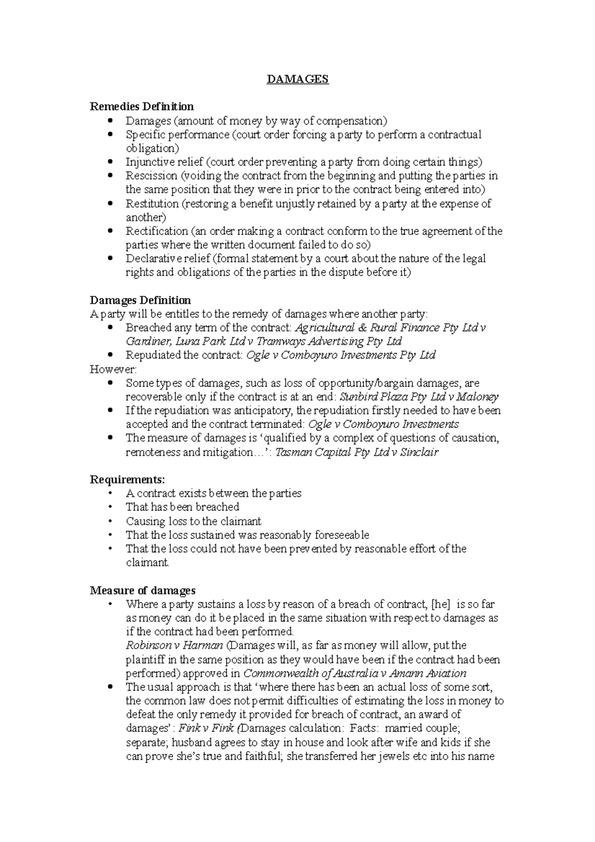 Damages - Summary Contract Law - DAMAGES Remedies Definition Damages ...