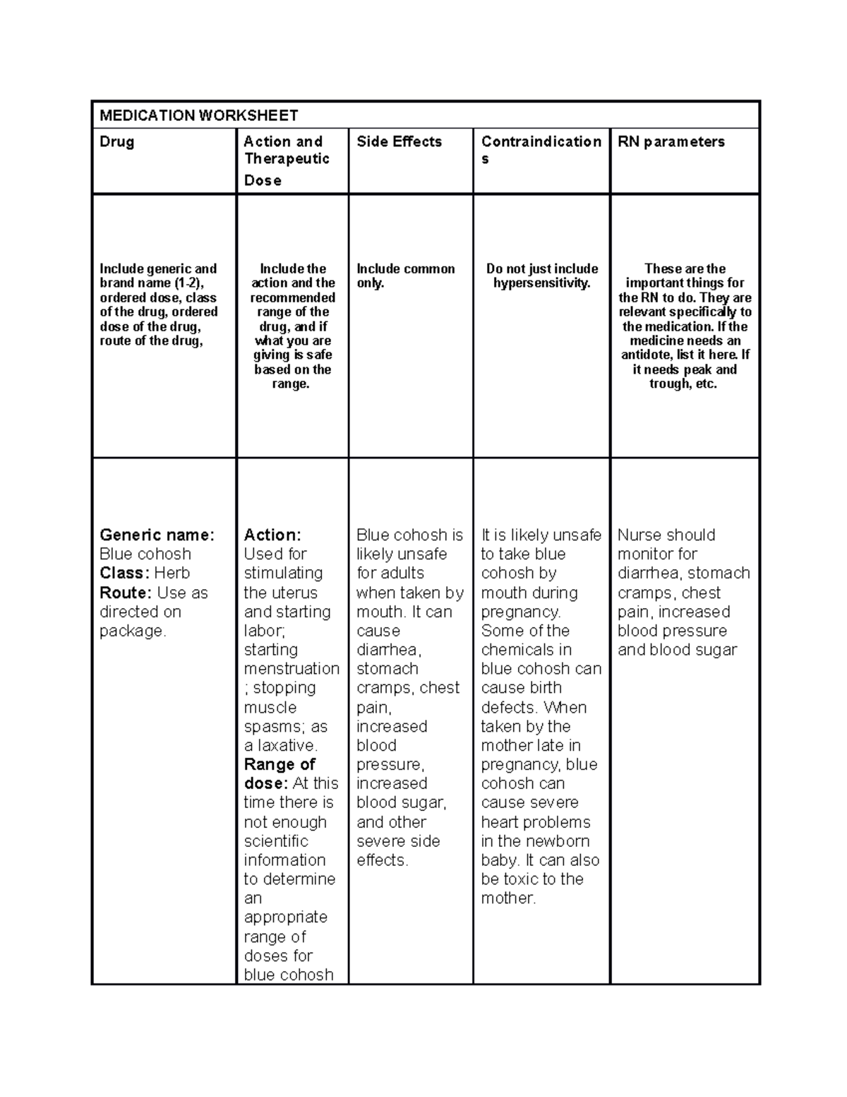 Drug card Information - MEDICATION WORKSHEET Drug Action and ...