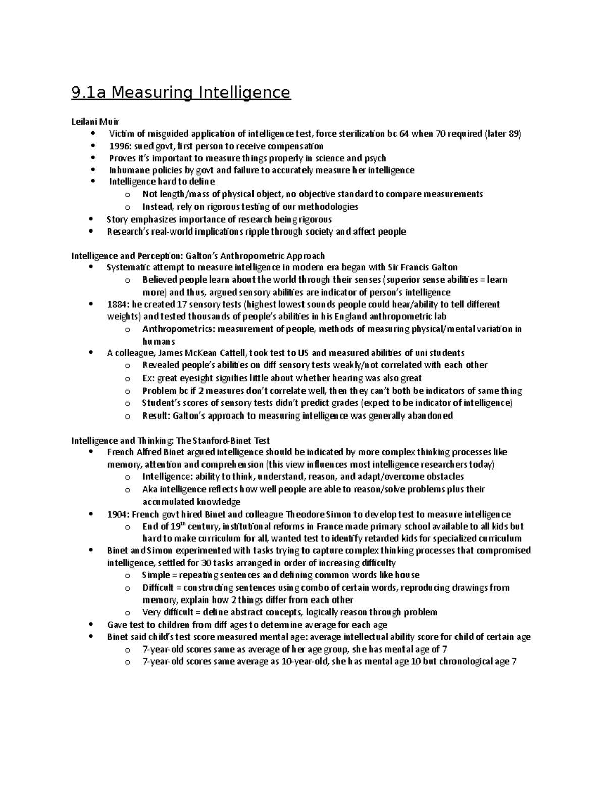 Chapter 9 - 11 Test - Lecture notes 9 - 11 - 9 Measuring Intelligence ...