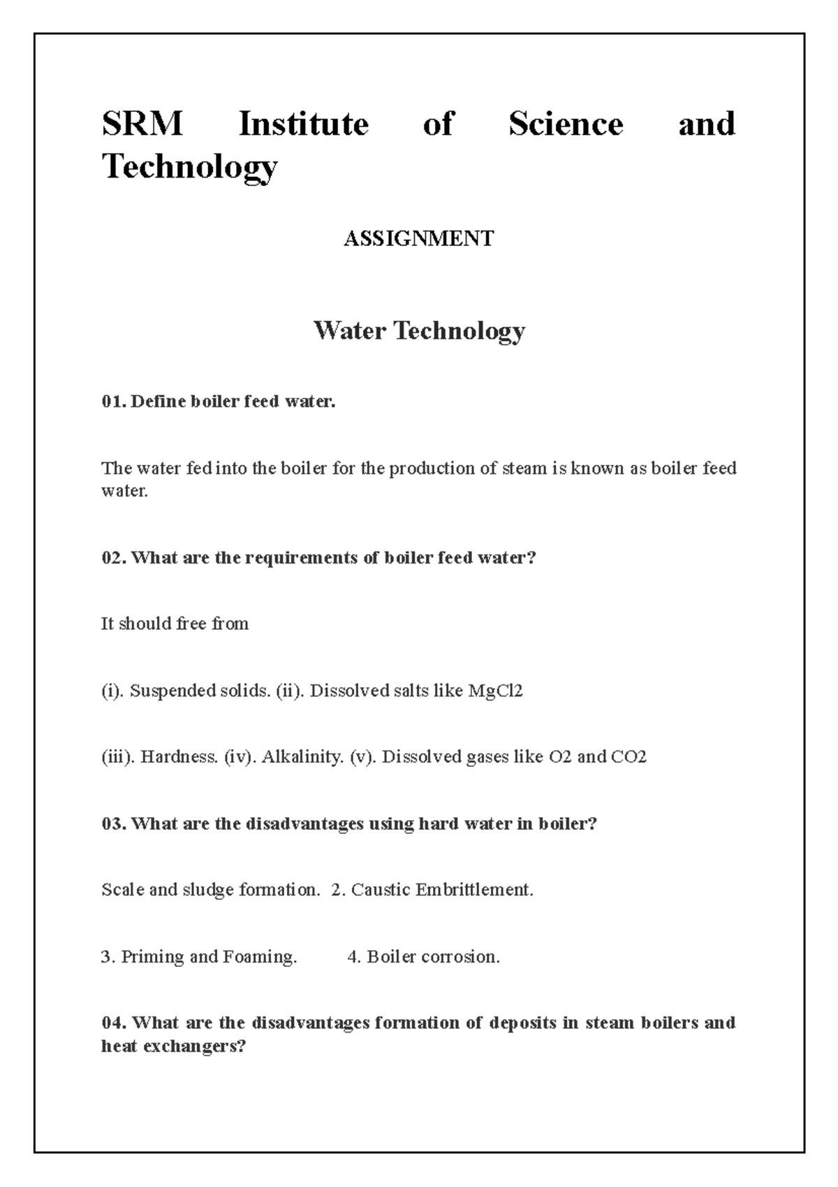 Water Technology Assignment - SRM Institute of Science and Technology ...