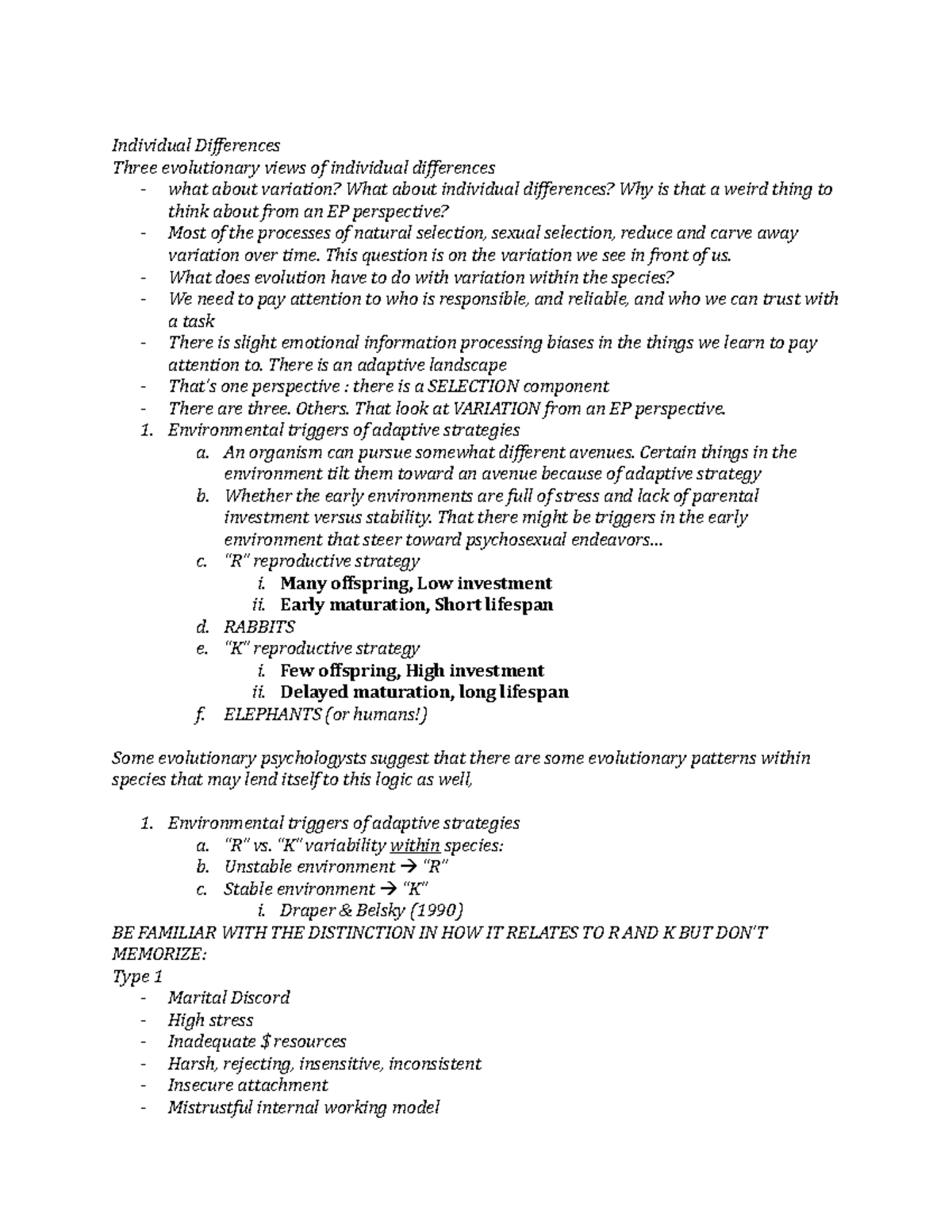 Personality lecturenotes 13 - Individual Differences Three evolutionary ...