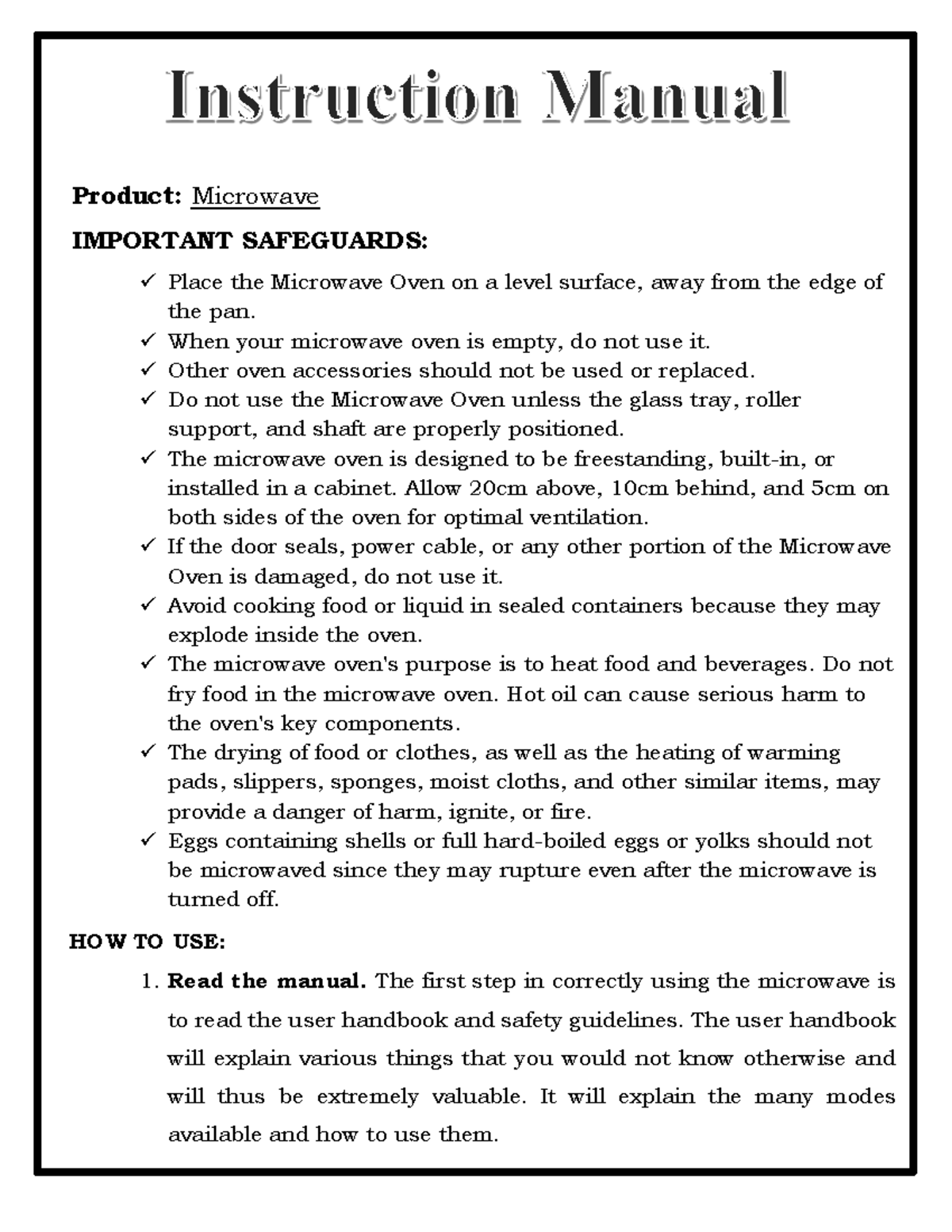 Instruction Manual-Monreal - Product: Microwave IMPORTANT SAFEGUARDS ...