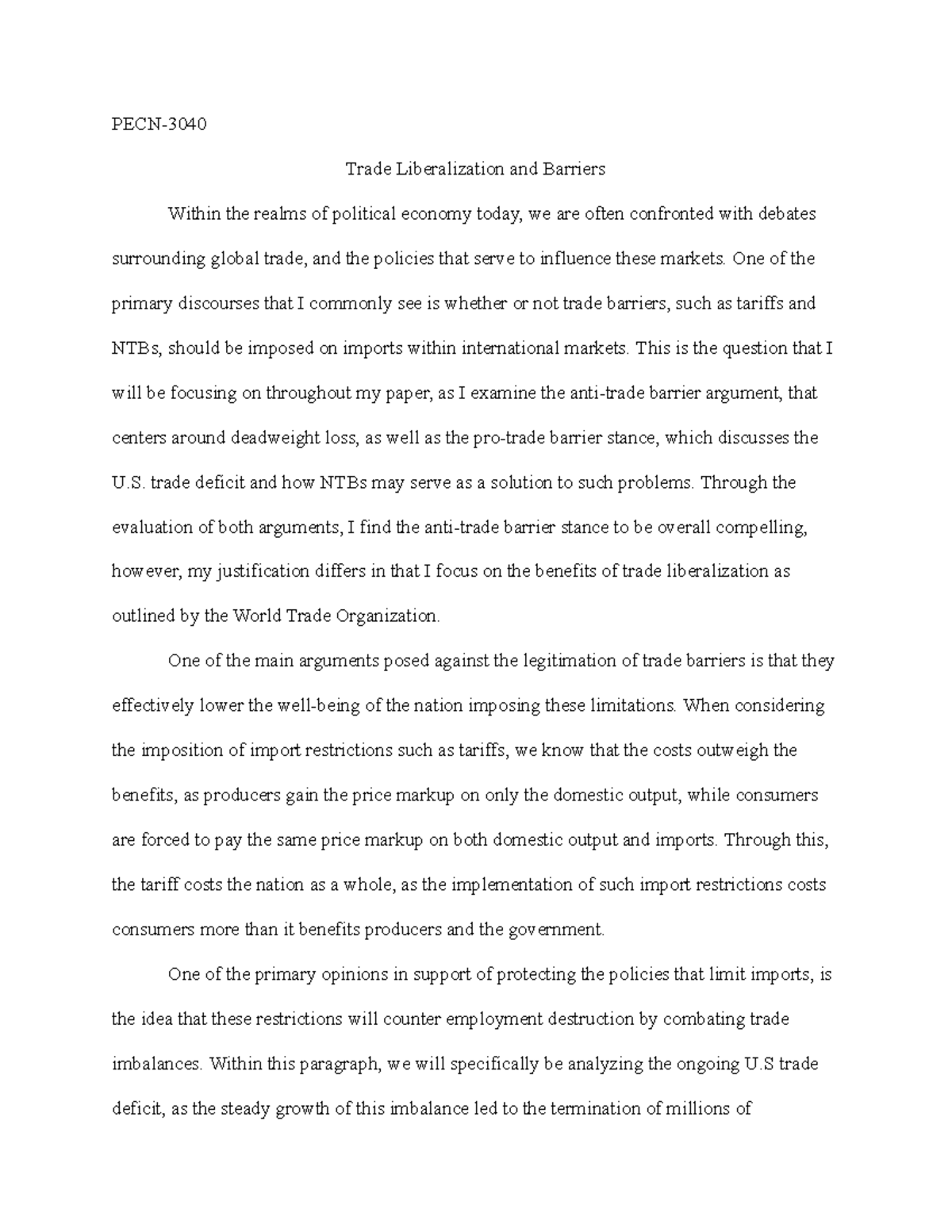 Short Paper #3 - PECN- Trade Liberalization and Barriers Within the ...