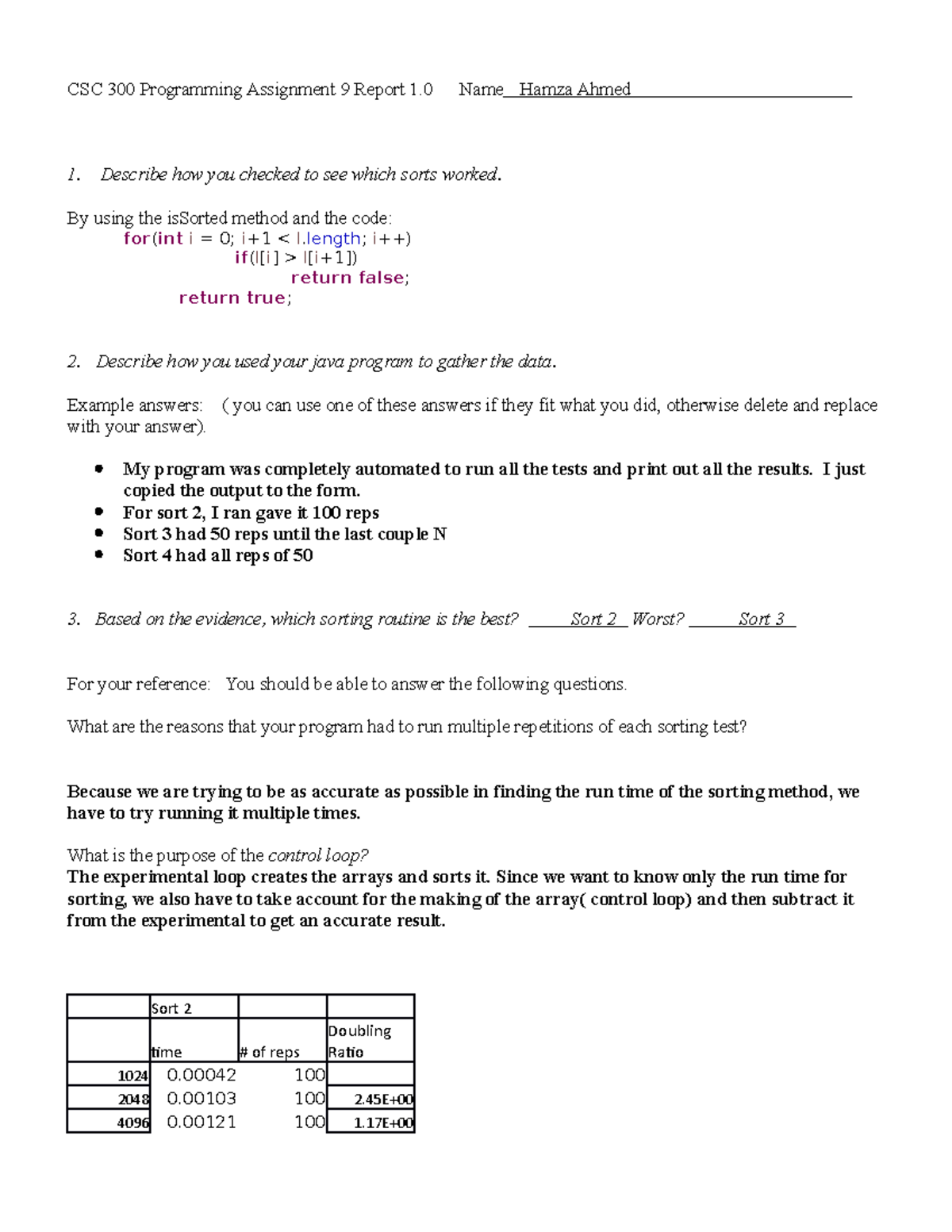 CSC300HW9Description - CSC 300 Programming Assignment 9 Report 1 1. Name Hamza Ahmed Describe ...