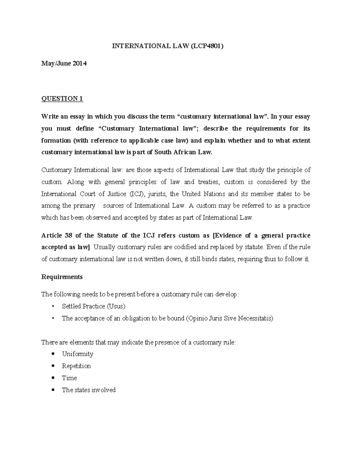 International LAW answers - INTERNATIONAL LAW (LCP4801) May/June 2014 ...