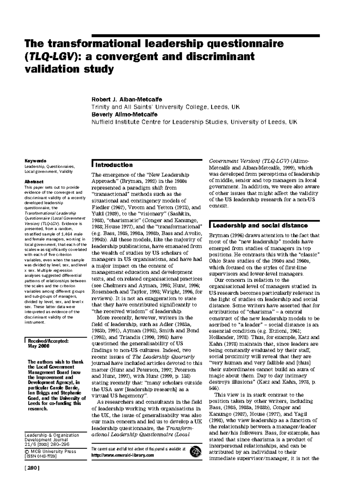 Leadership Scale Transformational alban-metcalfe 2000 - The ...