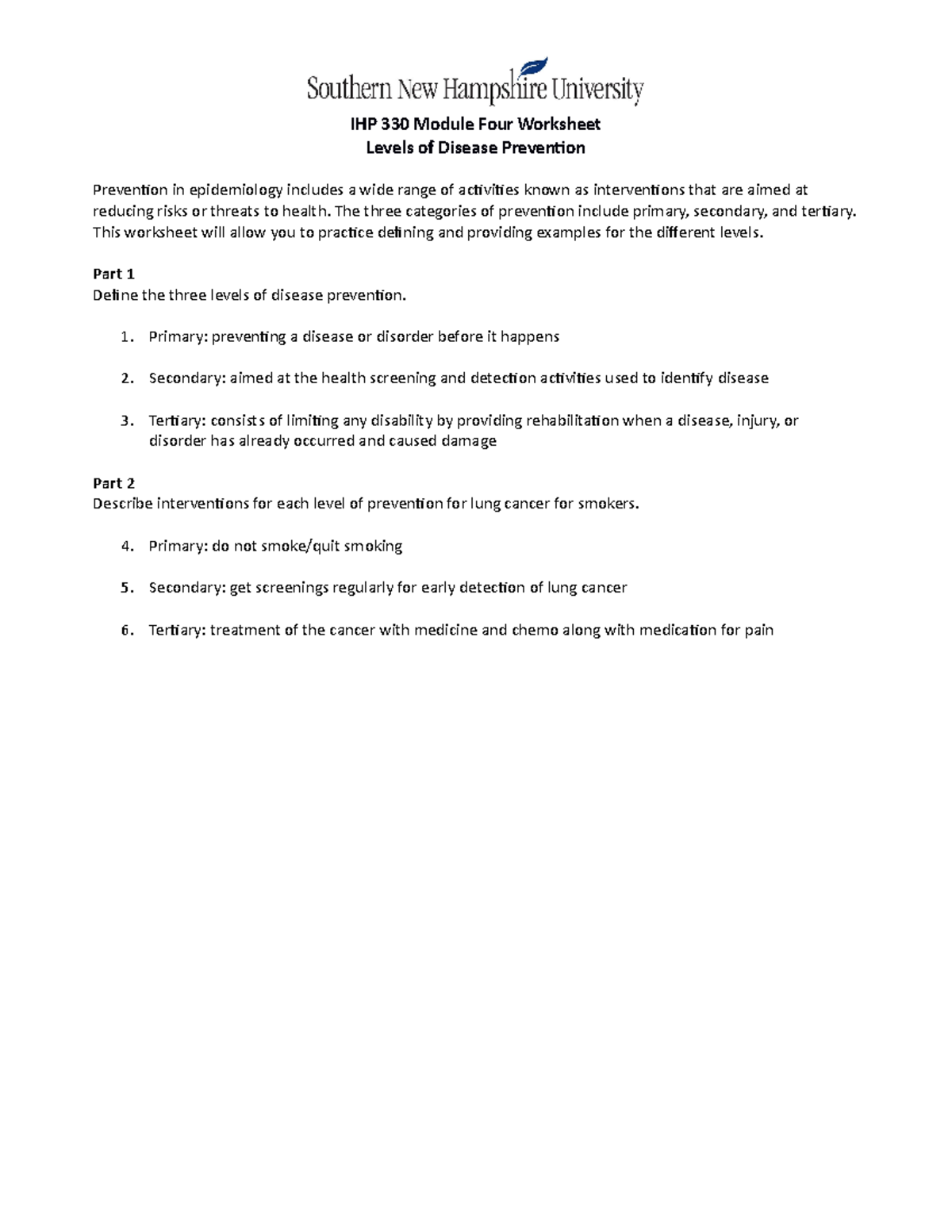 IHP 330 Module Four Worksheet - IHP 330 Module Four Worksheet Levels of ...