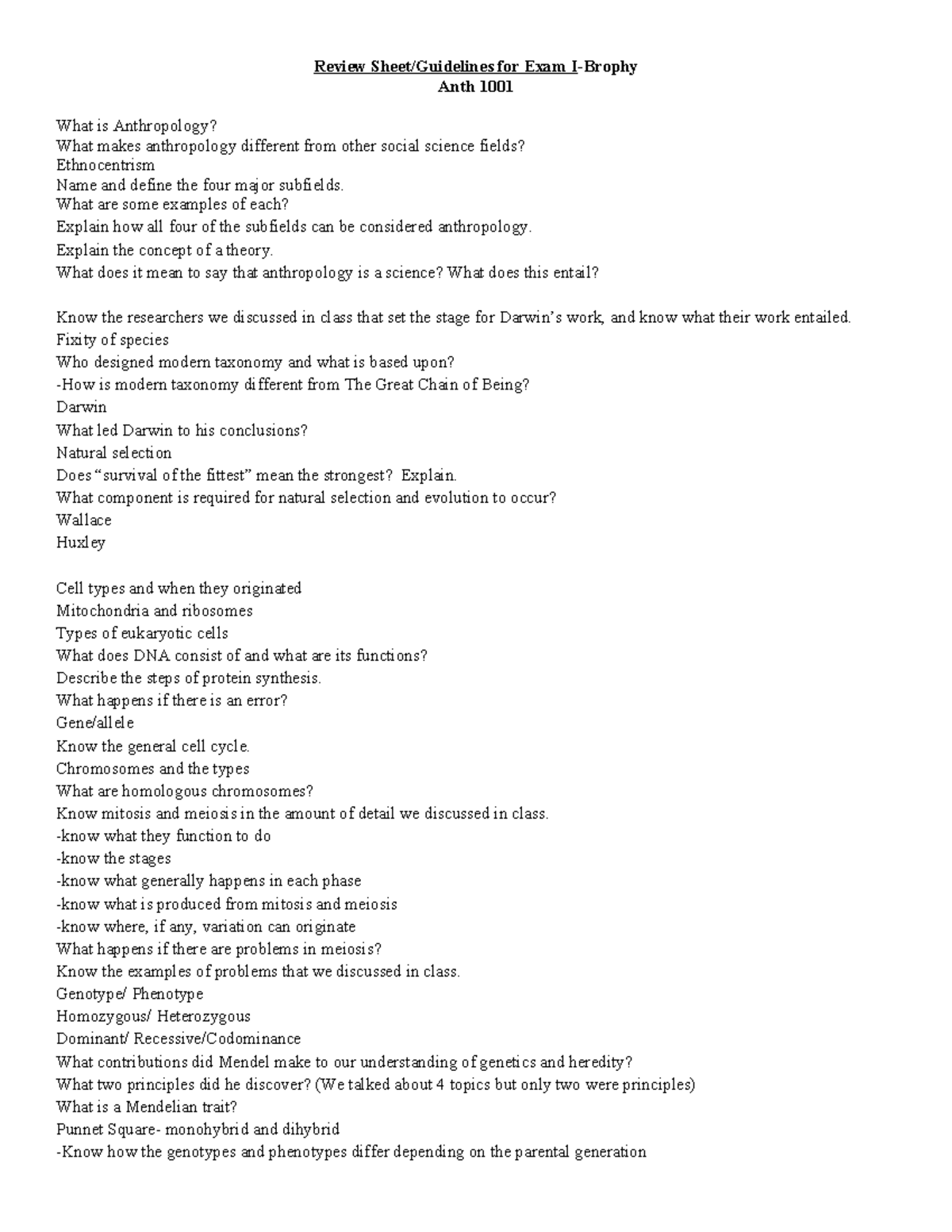 EXAM I Review Sheet Anthropology 1001 2023 Spring - Review Sheet ...