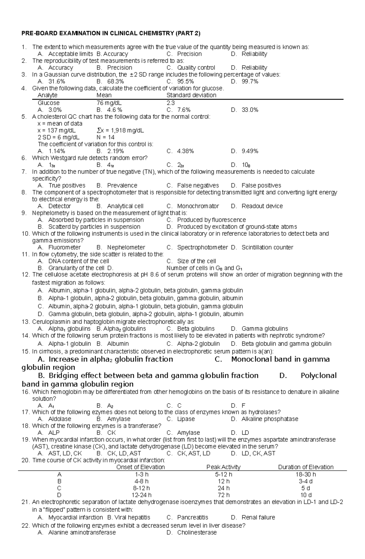 Medical Biochemistry - PRE-BOARD EXAMINATION IN CLINICAL CHEMISTRY ...