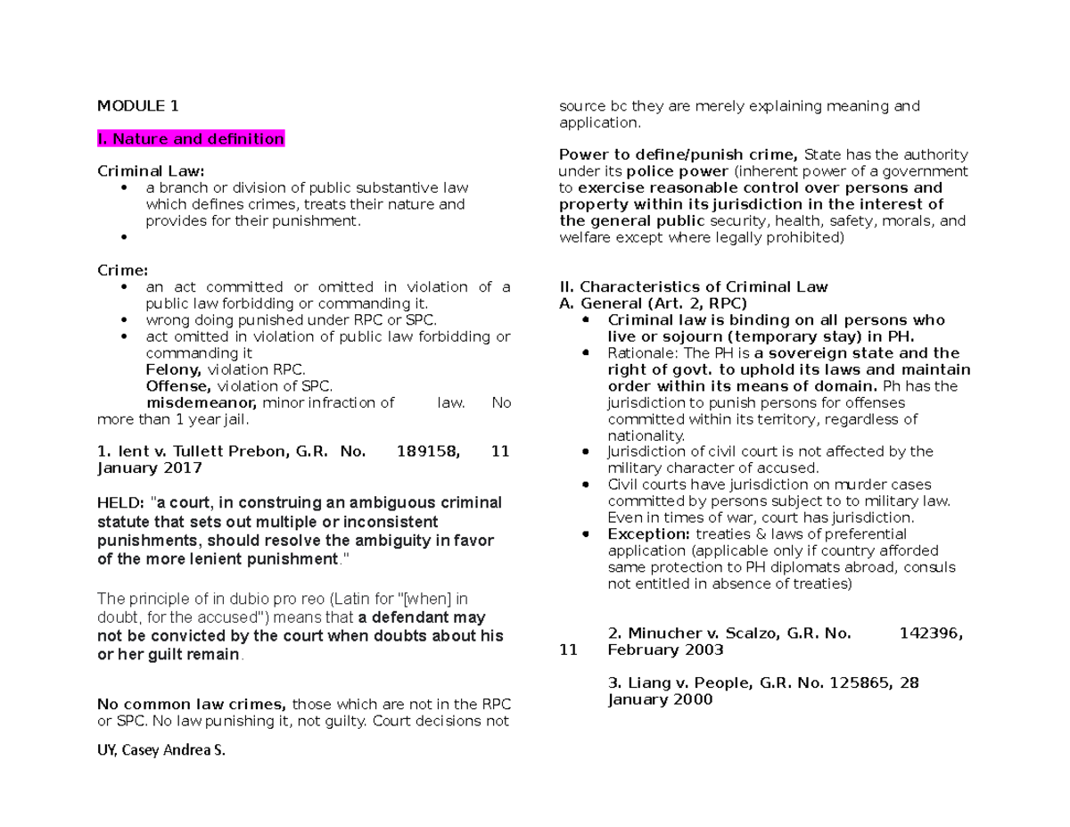 CRIM Notes - Revised Penal Code Book 1 - MODULE 1 I. Nature and ...