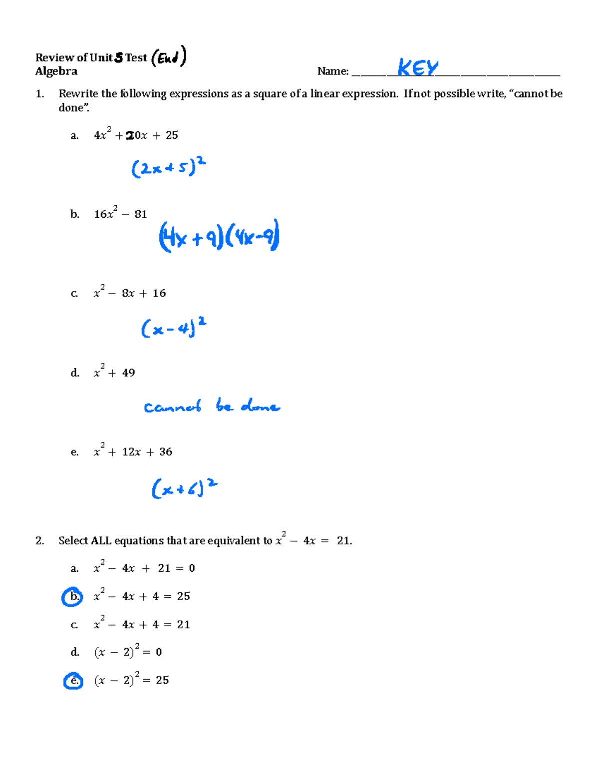 End of Unit 5 Test Review KEY - AREAS KB JEP Â AOP HCA>N= =IA ¼ - Studocu
