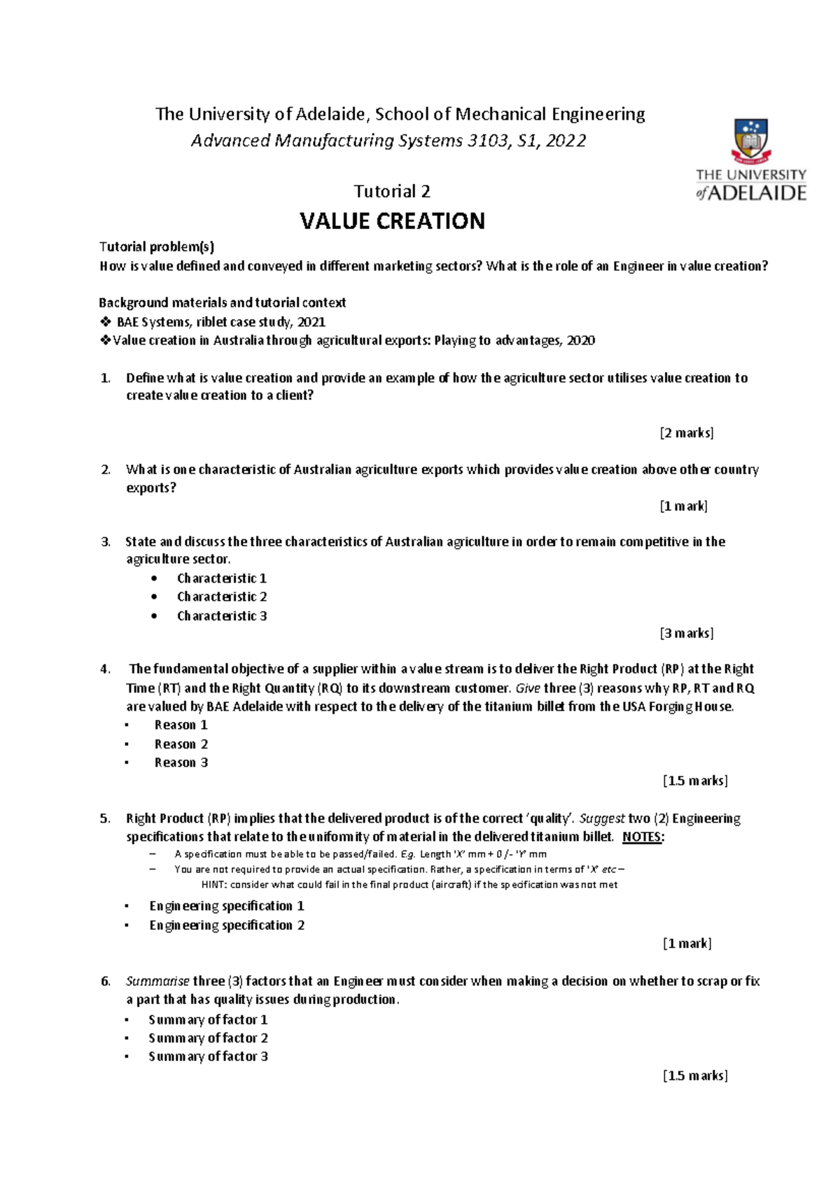 Tutorial 2 (Value creation) 2022 Rev1 - The University of Adelaide ...