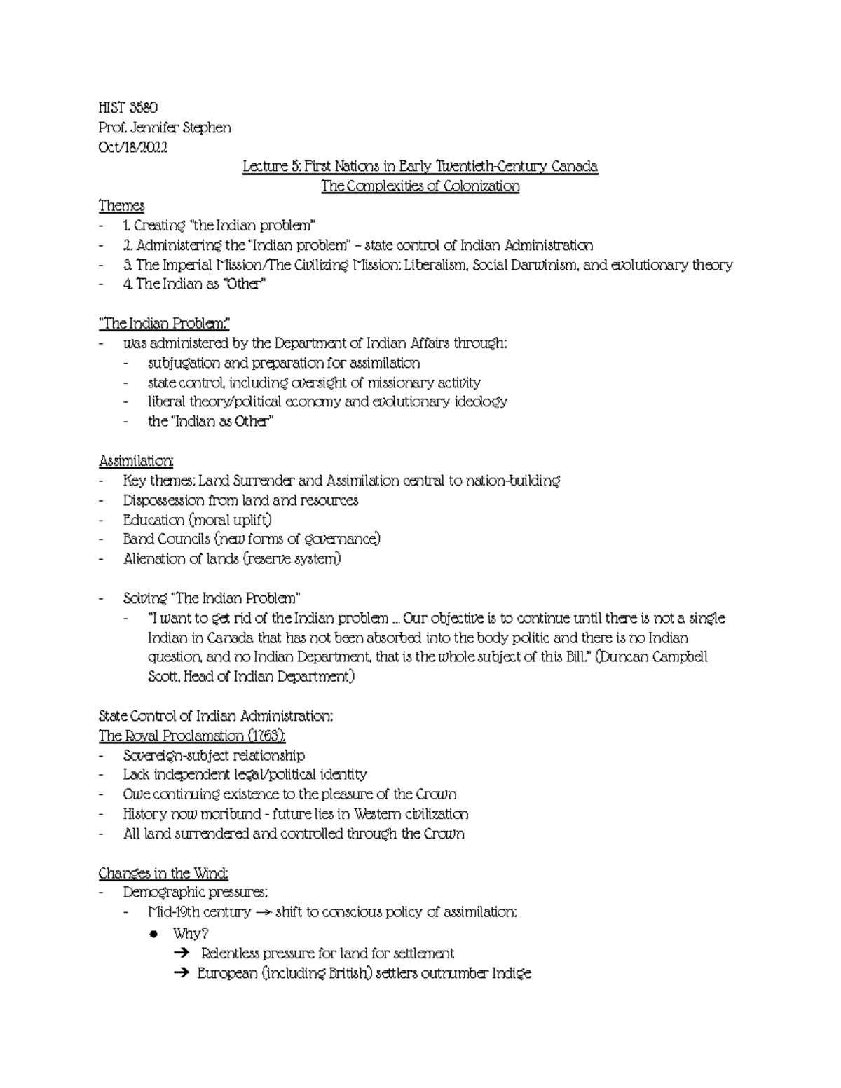 HIST 3580 Lecture 5 - Fall/Winter 2022-2023 Professor Jennifer Stephen - HIST 3580 Prof ...