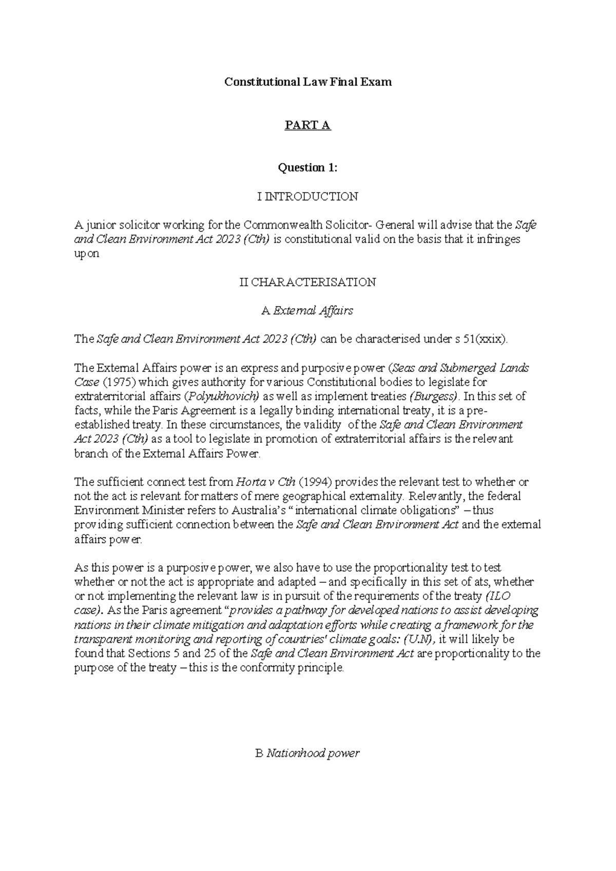 Constitutional Law - Final Exam - Constitutional Law Final Exam PART A Question 1: I ...
