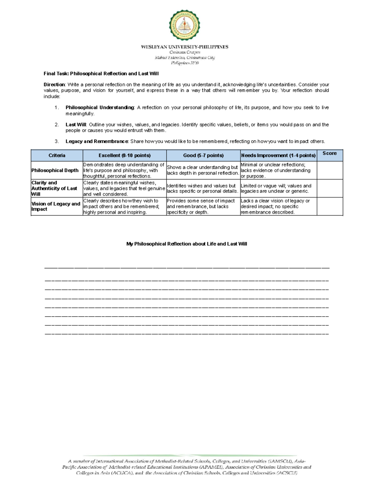 Final-Task- Philosophy - Final Task: Philosophical Reflection and Last Will Direction: Write a ...