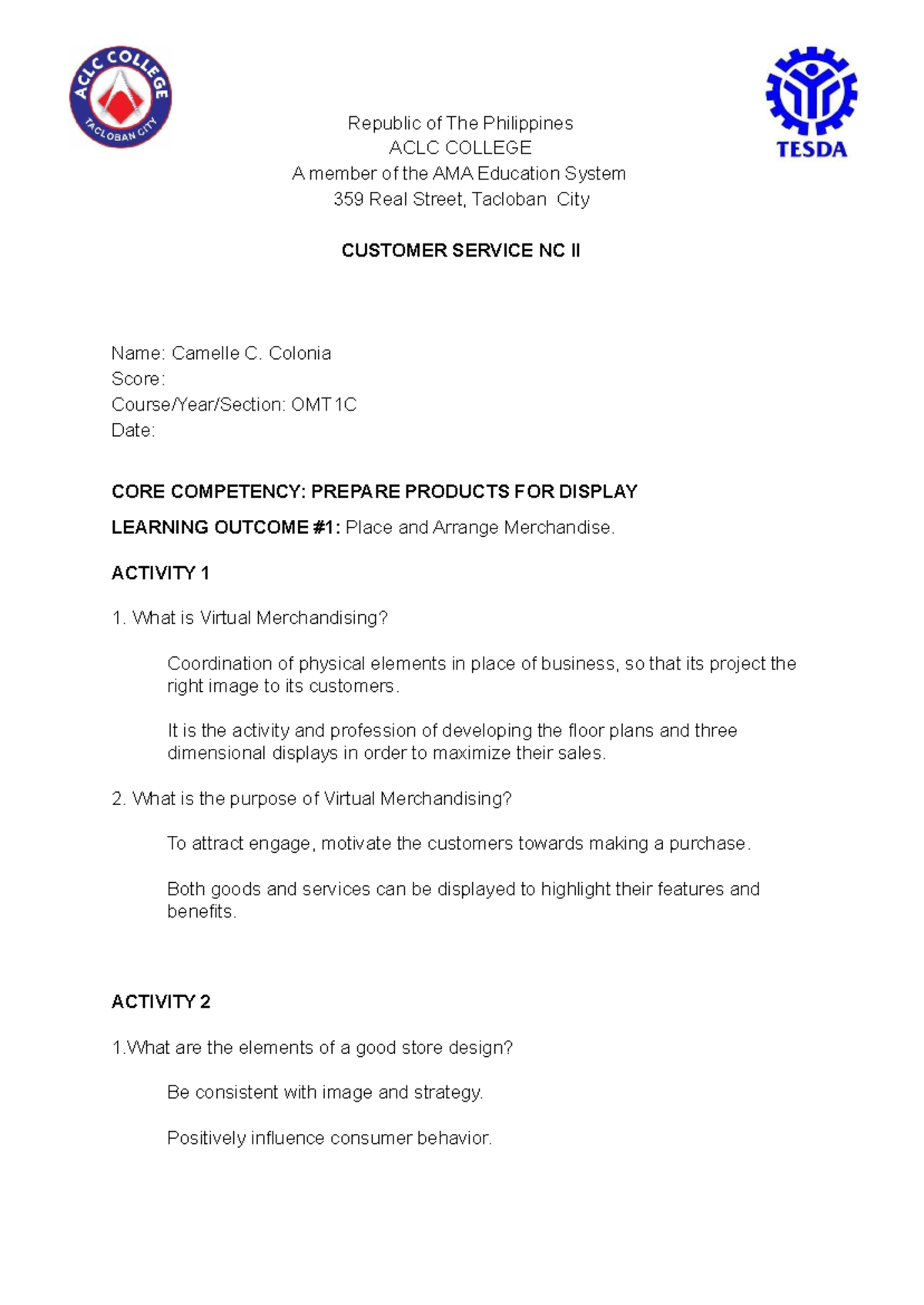Customer Service Learning Outcome #1 - Republic of The Philippines ACLC ...