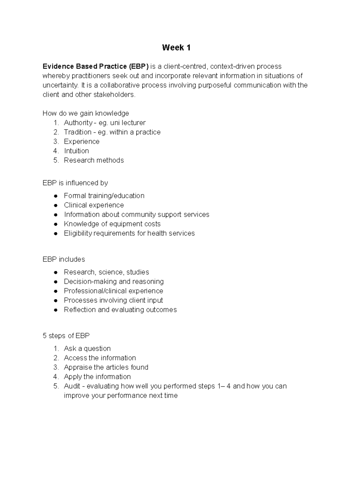 HIP202 - Notes - Week 1 Evidence Based Practice (EBP) is a client ...