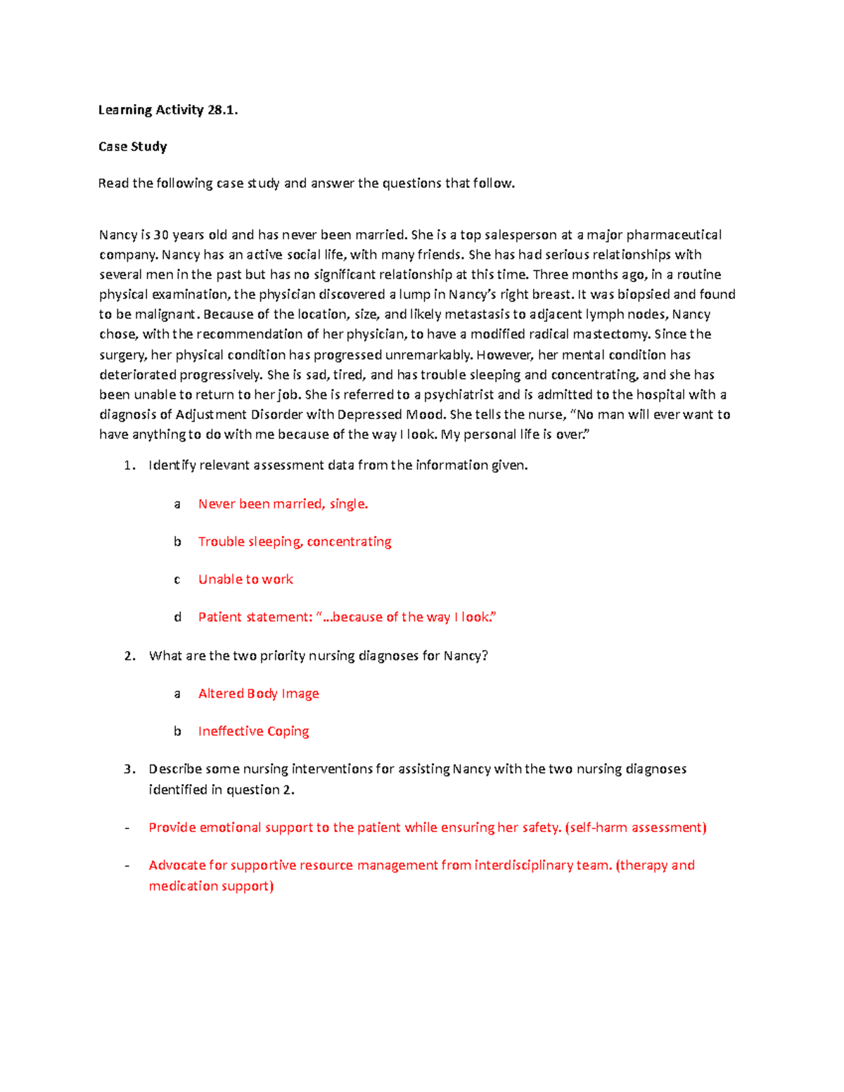 Learning Activity Chapter 28(2) - Learning Activity 28. Case Study Read the following case study ...