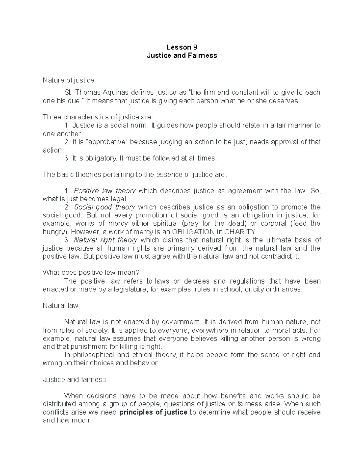 Lesson 9 Fairness AND Justice - Lesson 9 Justice and Fairness Nature of ...