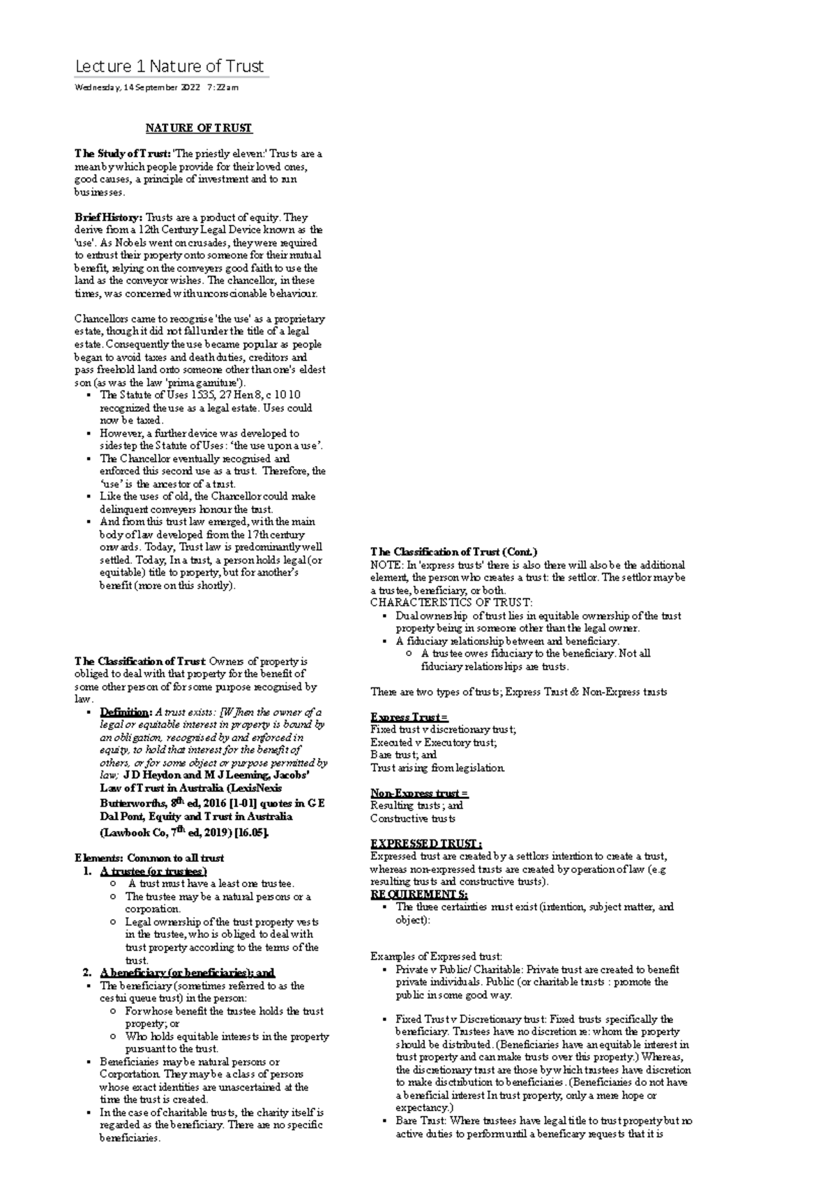 Week 1 trust notes - Lecture 1 Nature of Trust Wednesday, 14 September ...