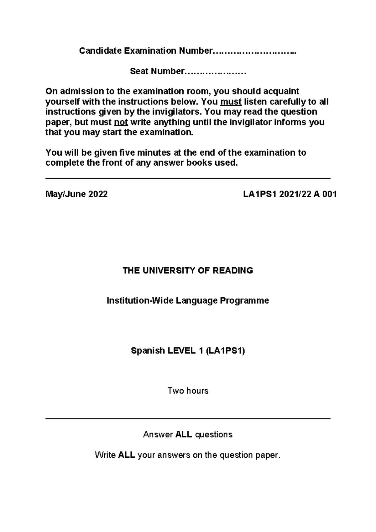 Spanish 1 Final Exam Past Paper - Candidate Examination Number