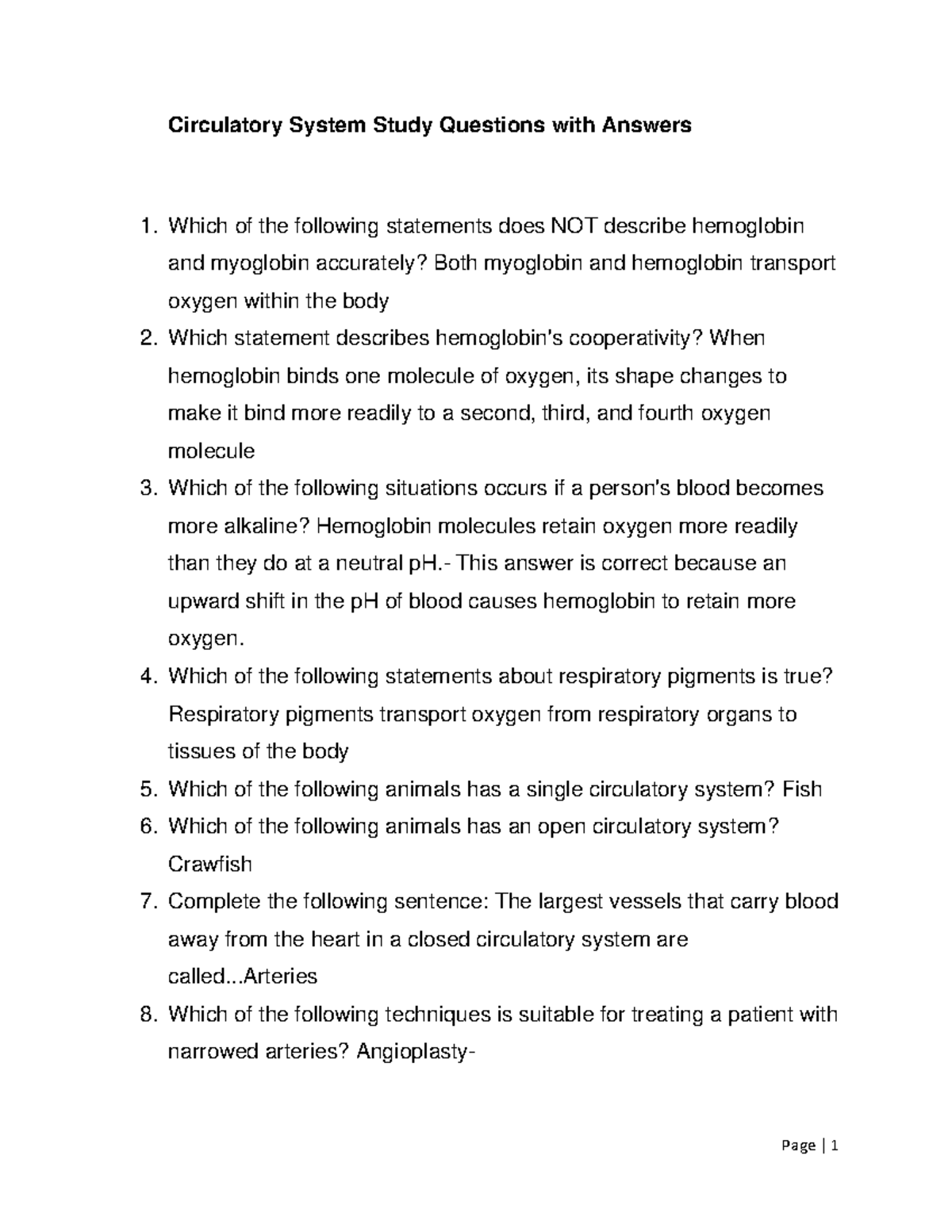 Circulatory System Study Questions with Answers - This answer is ...