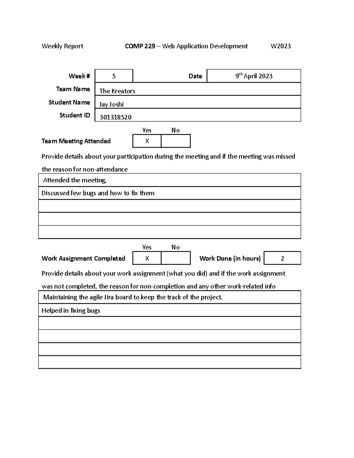 Fifth Weekly Report Template - W2023 - Weekly Report COMP 229 – Web Application Development W ...