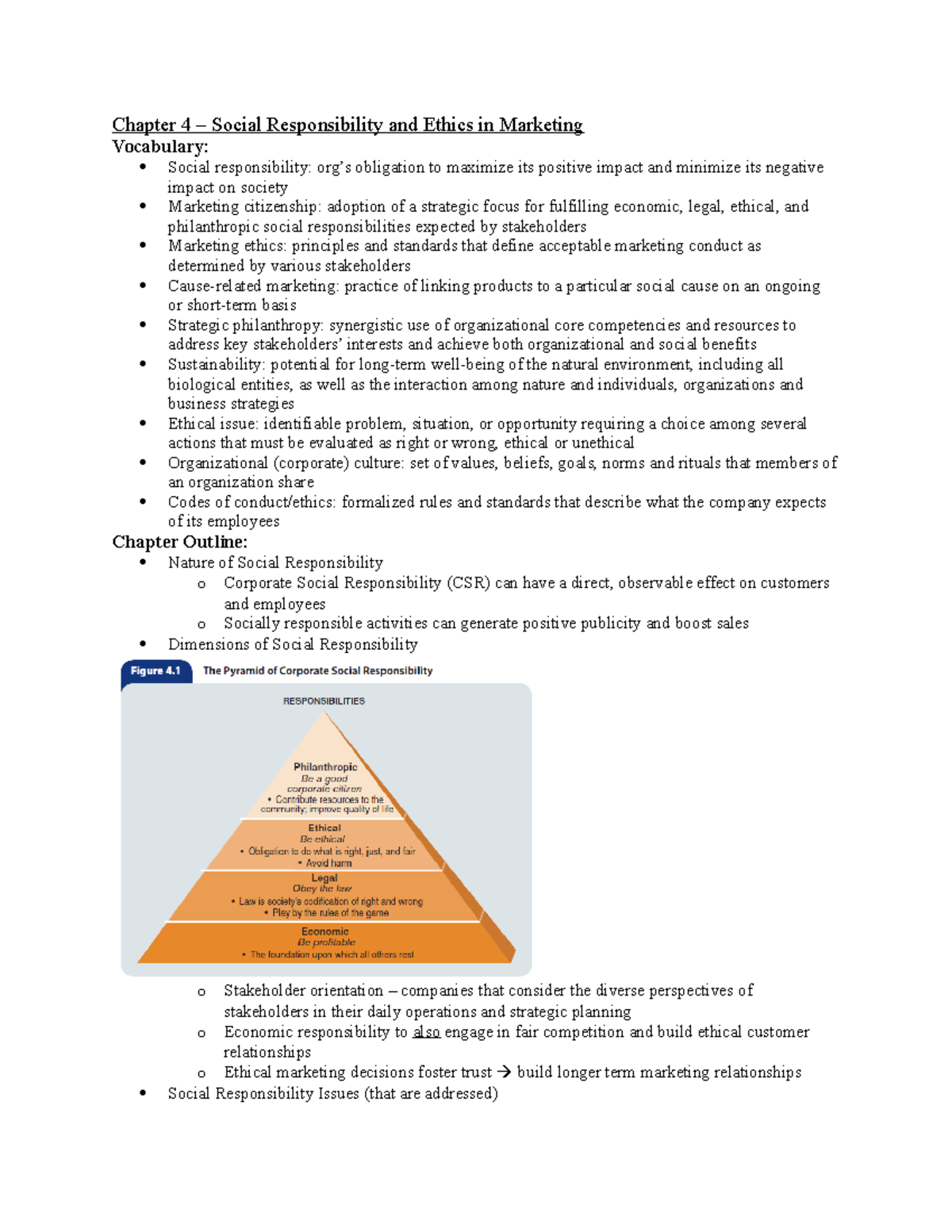 Chapter 4 Notes - Chapter 4 – Social Responsibility and Ethics in ...