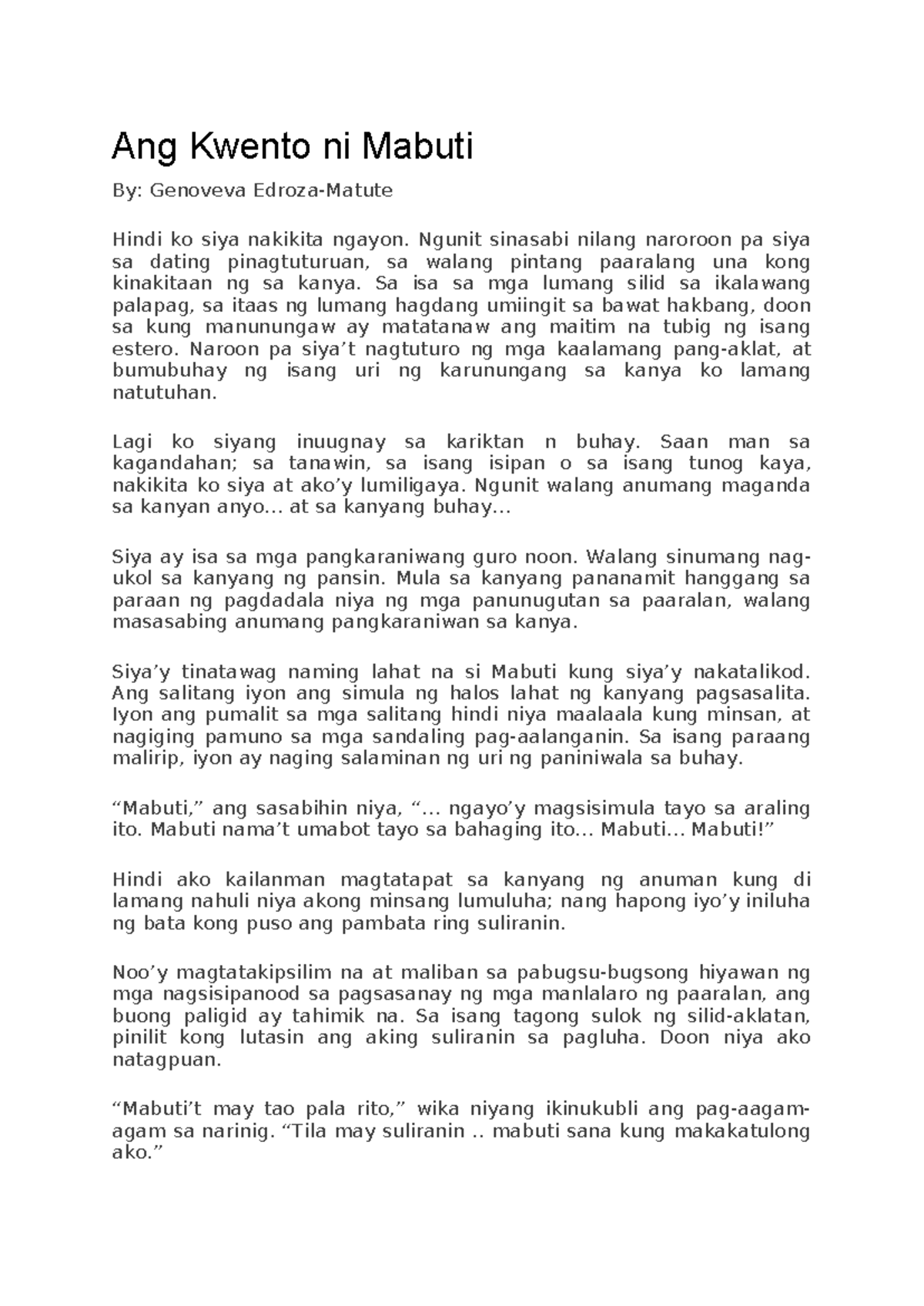 Ang Kwento ni Mabuti - short story - Ang Kwento ni Mabuti By: Genoveva ...