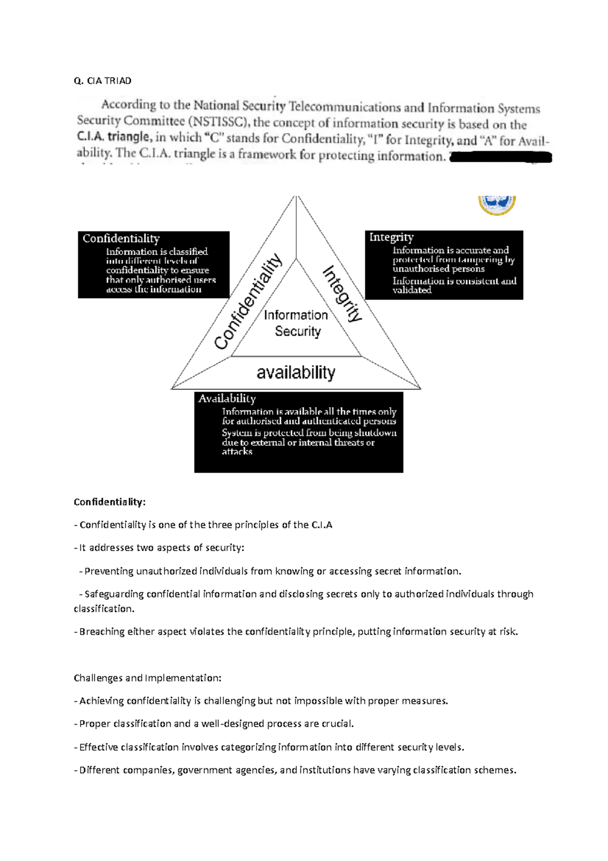Database Security ct1 - ct1 - Q. CIA TRIAD Confidentiality ...