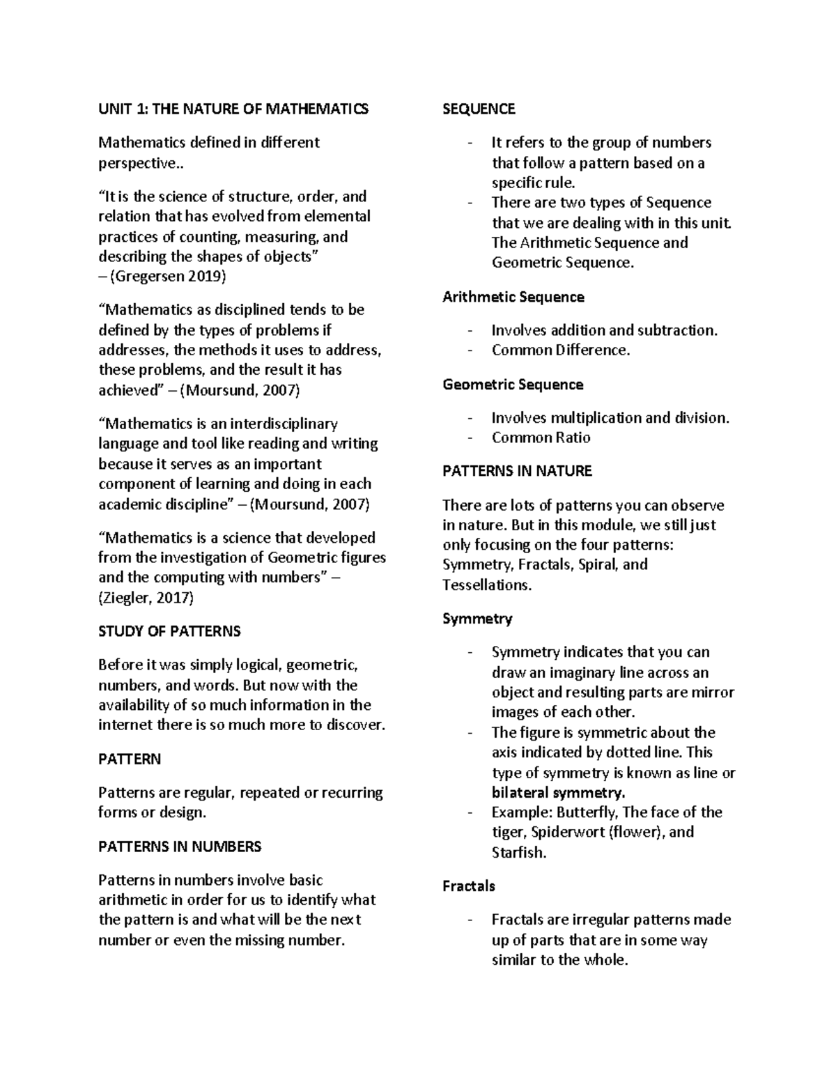 MMW-Reviewer - Reviewer - UNIT 1: THE NATURE OF MATHEMATICS Mathematics ...