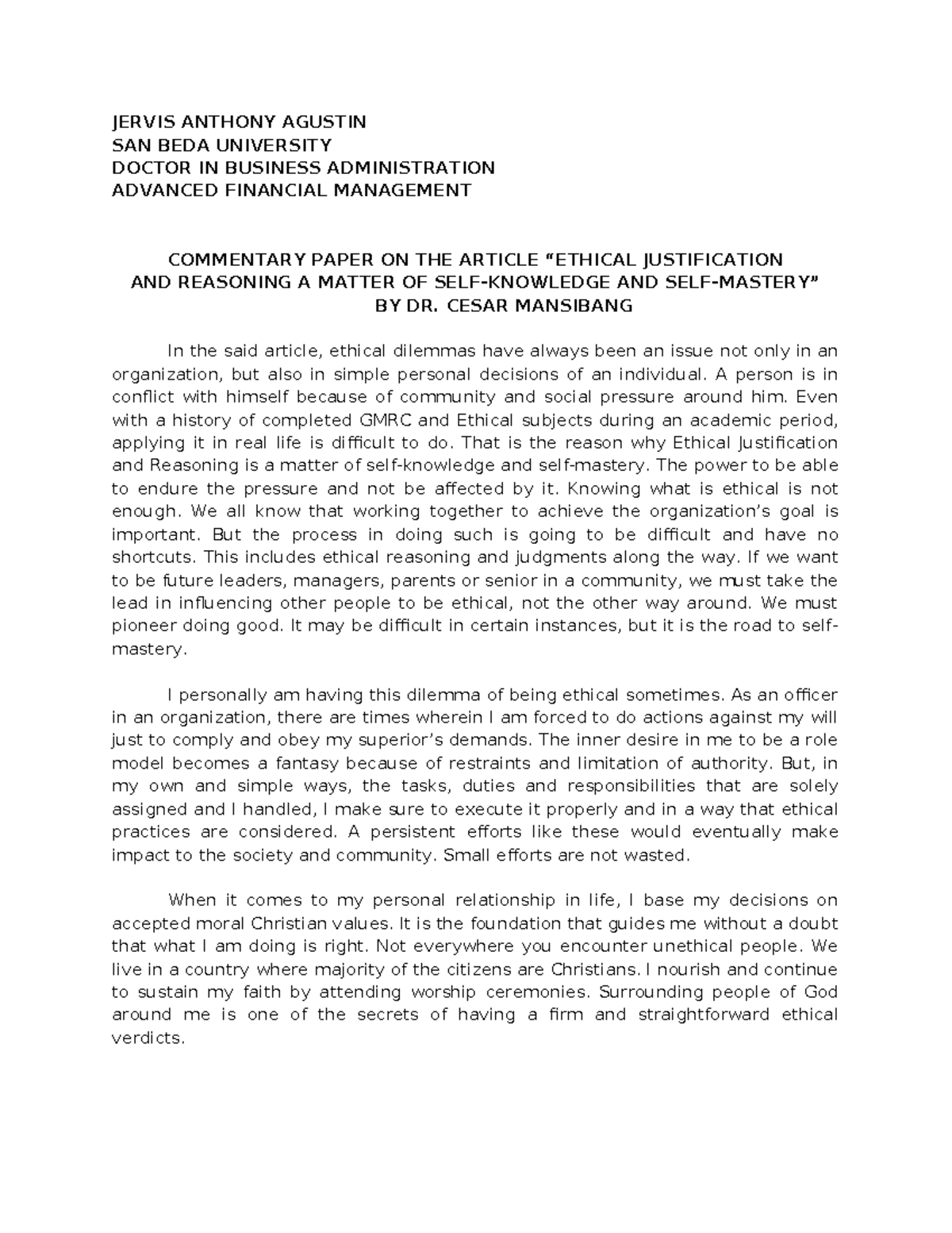 Commentary Paper ON THE Article - JERVIS ANTHONY AGUSTIN SAN BEDA ...