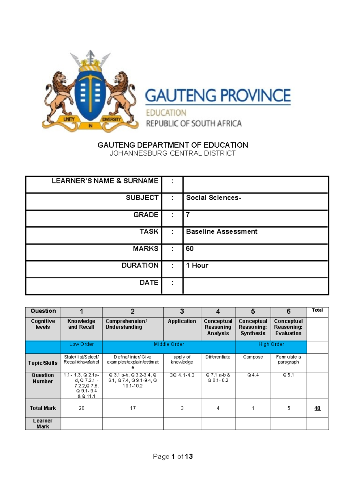 Grade 7 Baseline Assessment Geography Question Paper (2023) - GAUTENG ...