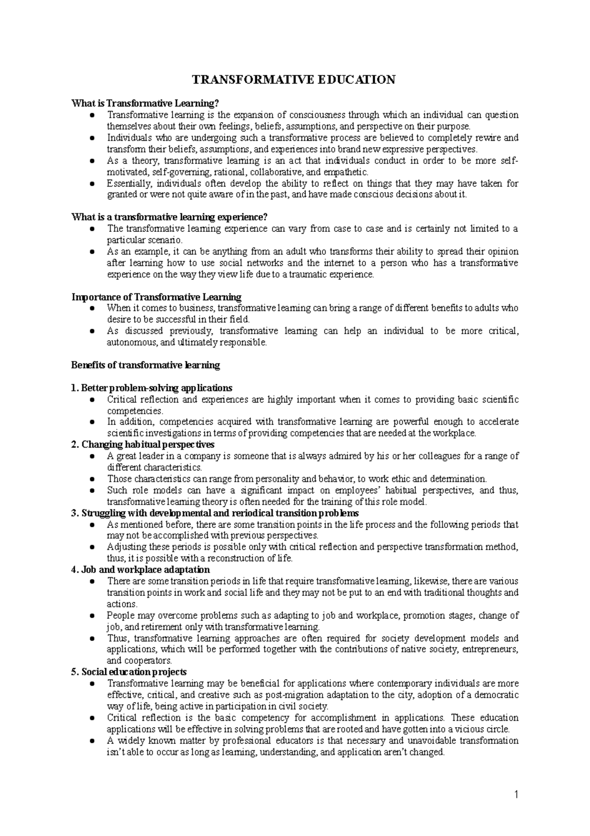 Transformative education - TRANSFORMATIVE EDUCATION What is ...