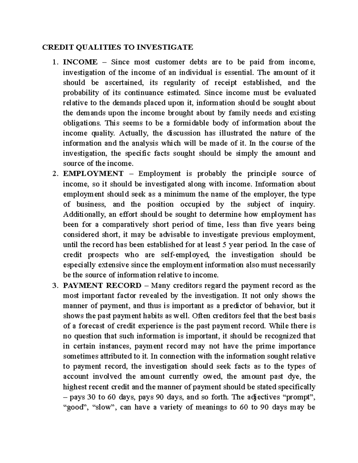 Credit Qualities TO Investigate - CREDIT QUALITIES TO INVESTIGATE ...