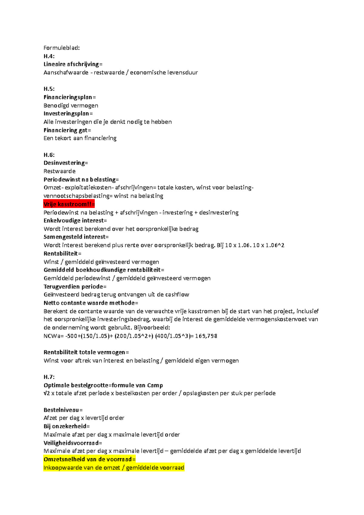 Formuleblad - formule blad basisboek bedrijfseconomie - Formuleblad: H ...