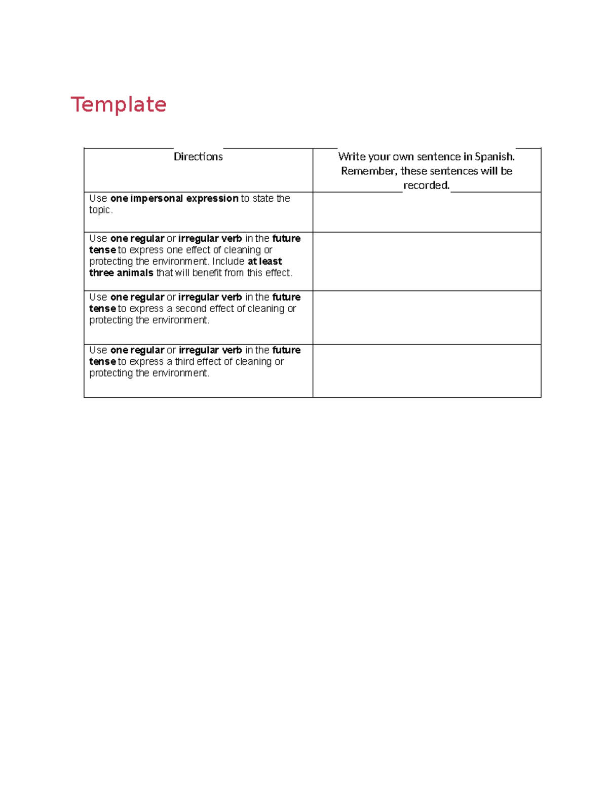 Template - here - Template Directions Write your own sentence in ...