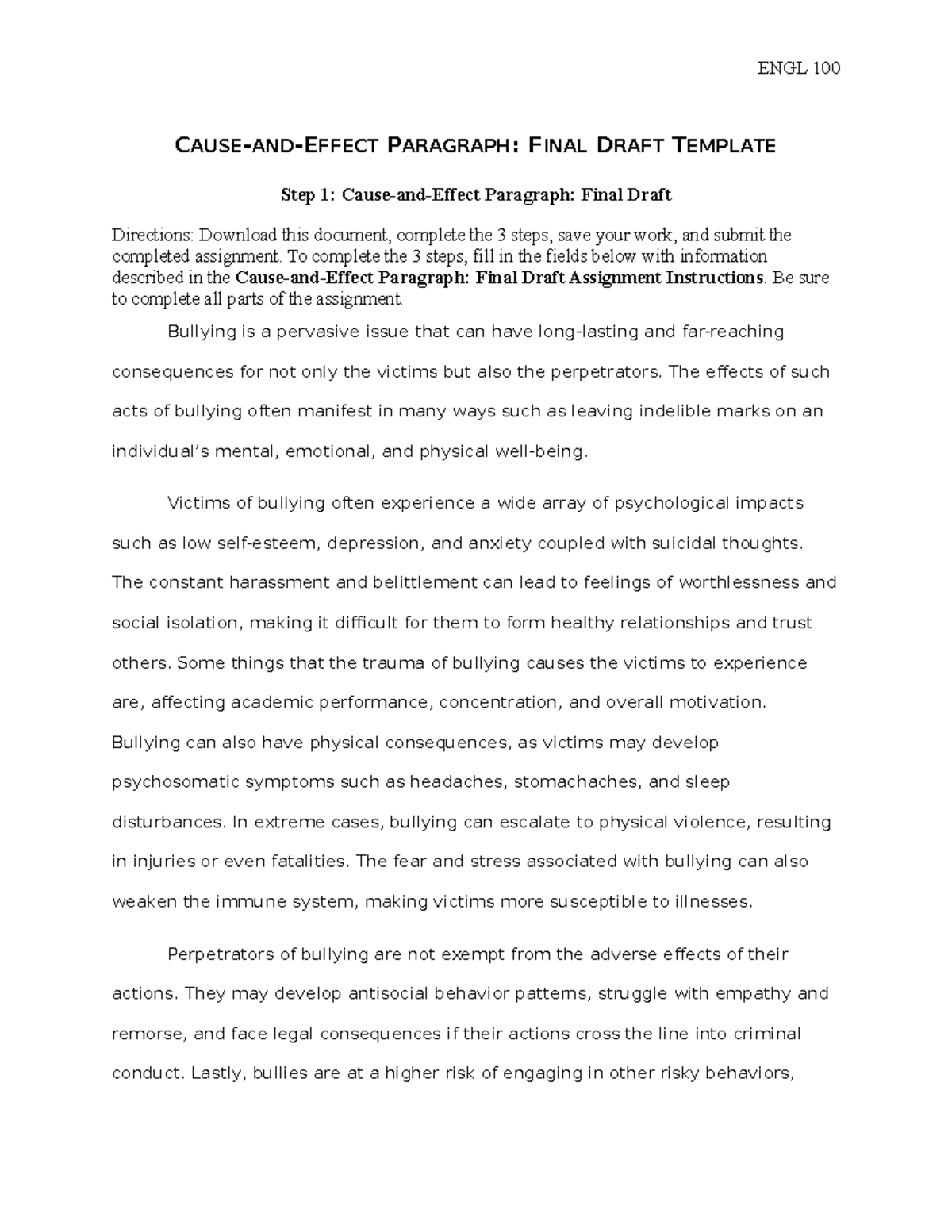 Cause-and-Effect Paragraph Final Draft Template - CAUSE-AND-EFFECT ...