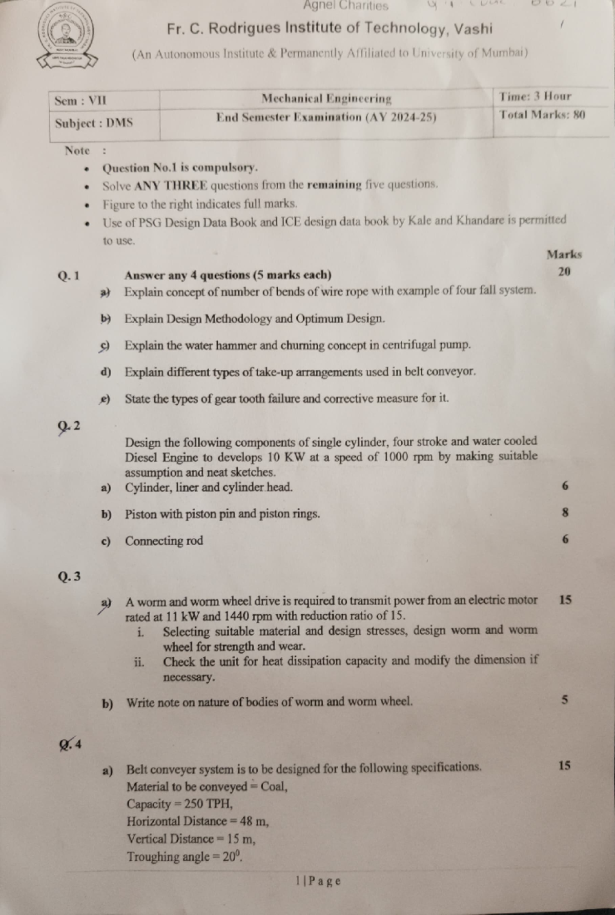 DMS Question paper Nov 2024 - Sem : VII Subject : DMS Note : Q. Q Q ...