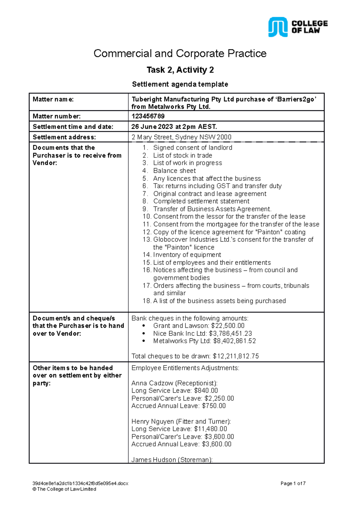 Commercial and Corporate Practice Task 2 Activity 2 Settlement Agenda Template - Studocu