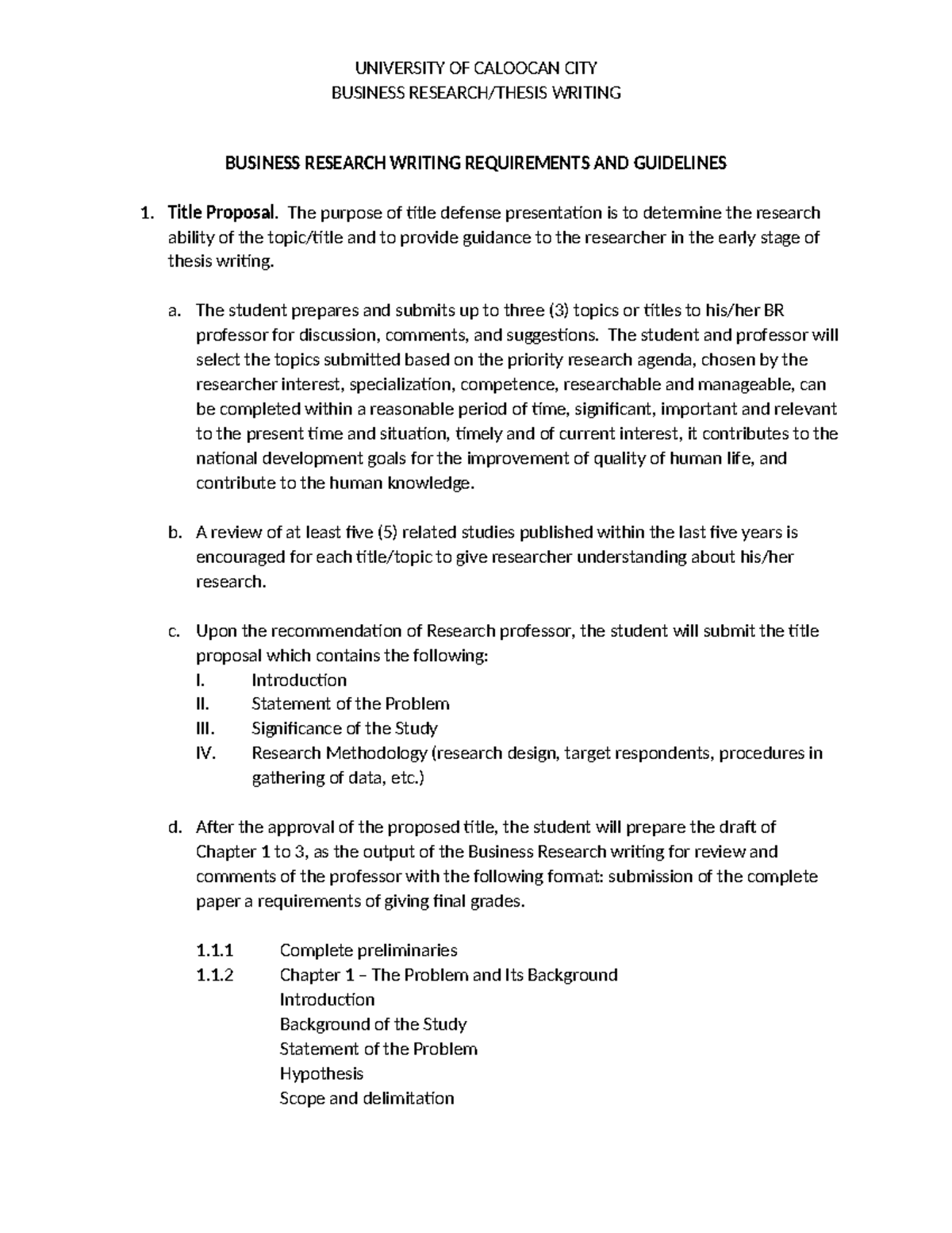 Business Research AND Thesis Writing - UNIVERSITY OF CALOOCAN CITY ...