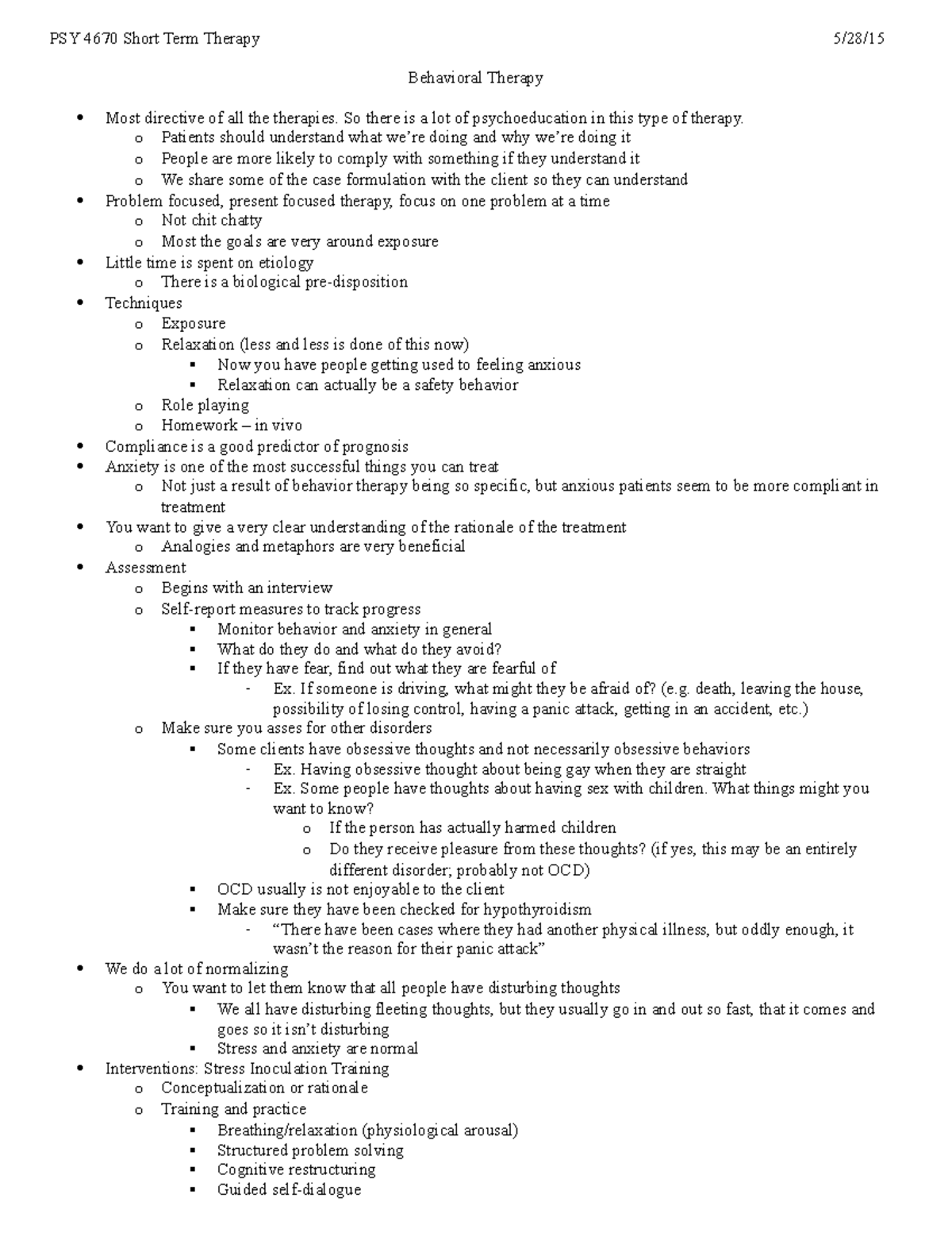 4 BT therapy notes behavior - PSY 4670 Short Term Therapy 5/28 ...