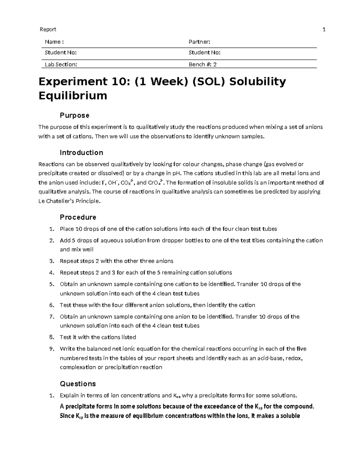 Solubility Equilibrium Lab Report - Name : Partner: Student No: Student ...